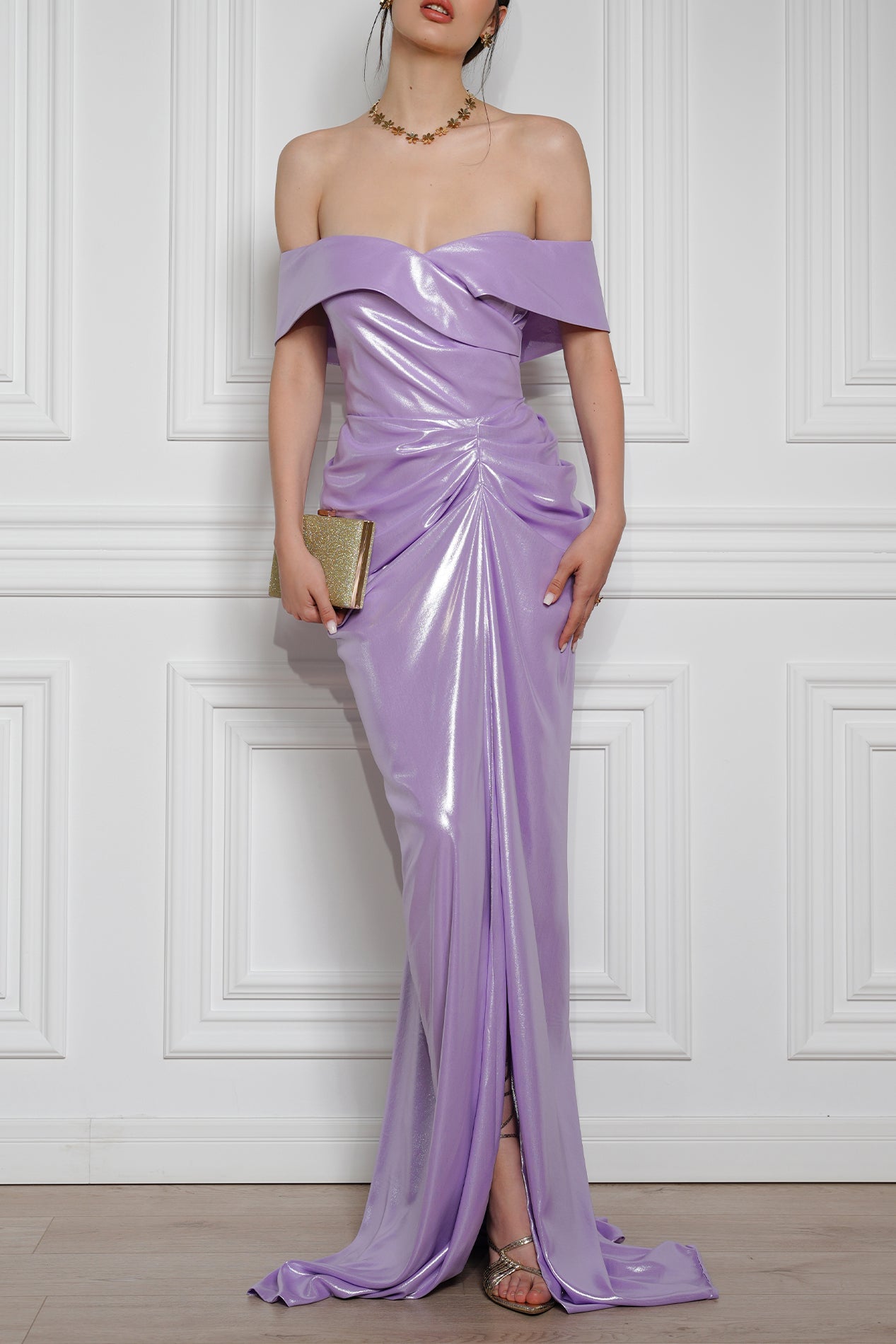 Athena Glossy Chiffon Long Dress In Lilac – Rhea Costa