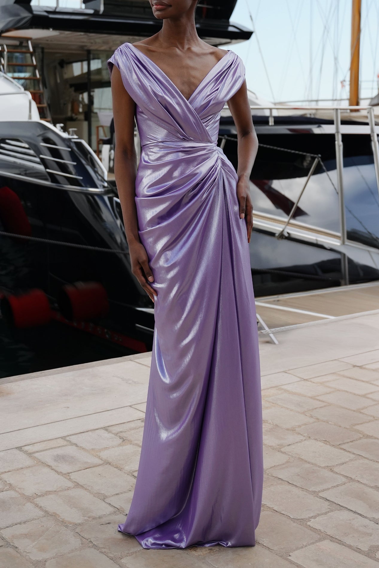 Saara Draped Glossy Chiffon Dress In Lavander – Rhea Costa