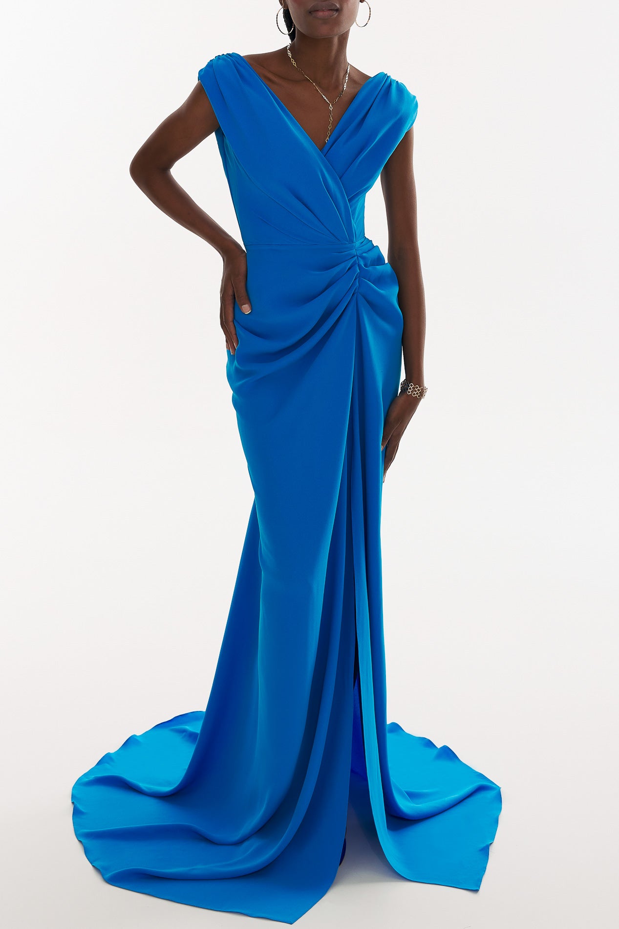 Saara Crepe Long Dress In Azure – Rhea Costa