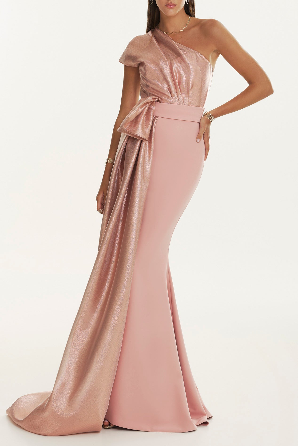 Thalia Crepe Gown With Metallic Sheen In Rose-Gold – Rhea Costa
